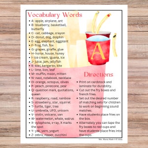 French Fry Beginning Sounds Alphabet Matching Game Printable Early ...