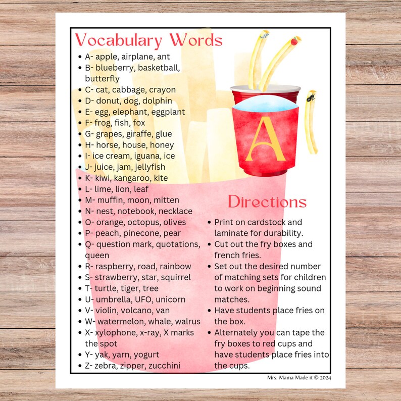 French Fry Beginning Sounds Alphabet Matching Game Printable Early ...