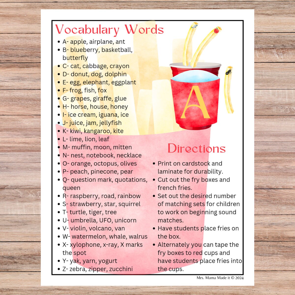 French Fry Beginning Sounds Alphabet Matching Game Printable Early ...