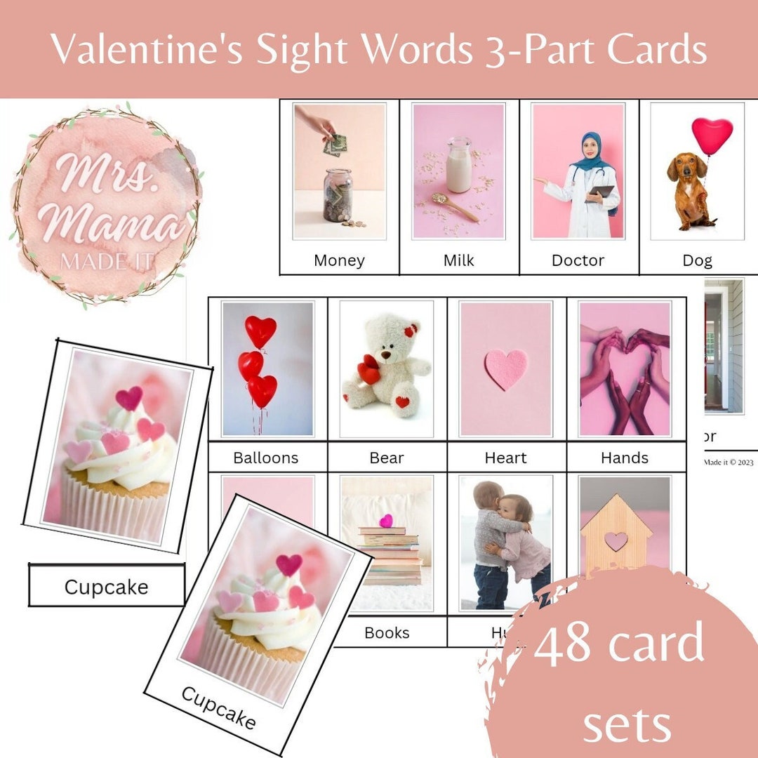 Valentine's Sight Words 3-part Cards for Kindergarten Homeschool or ...