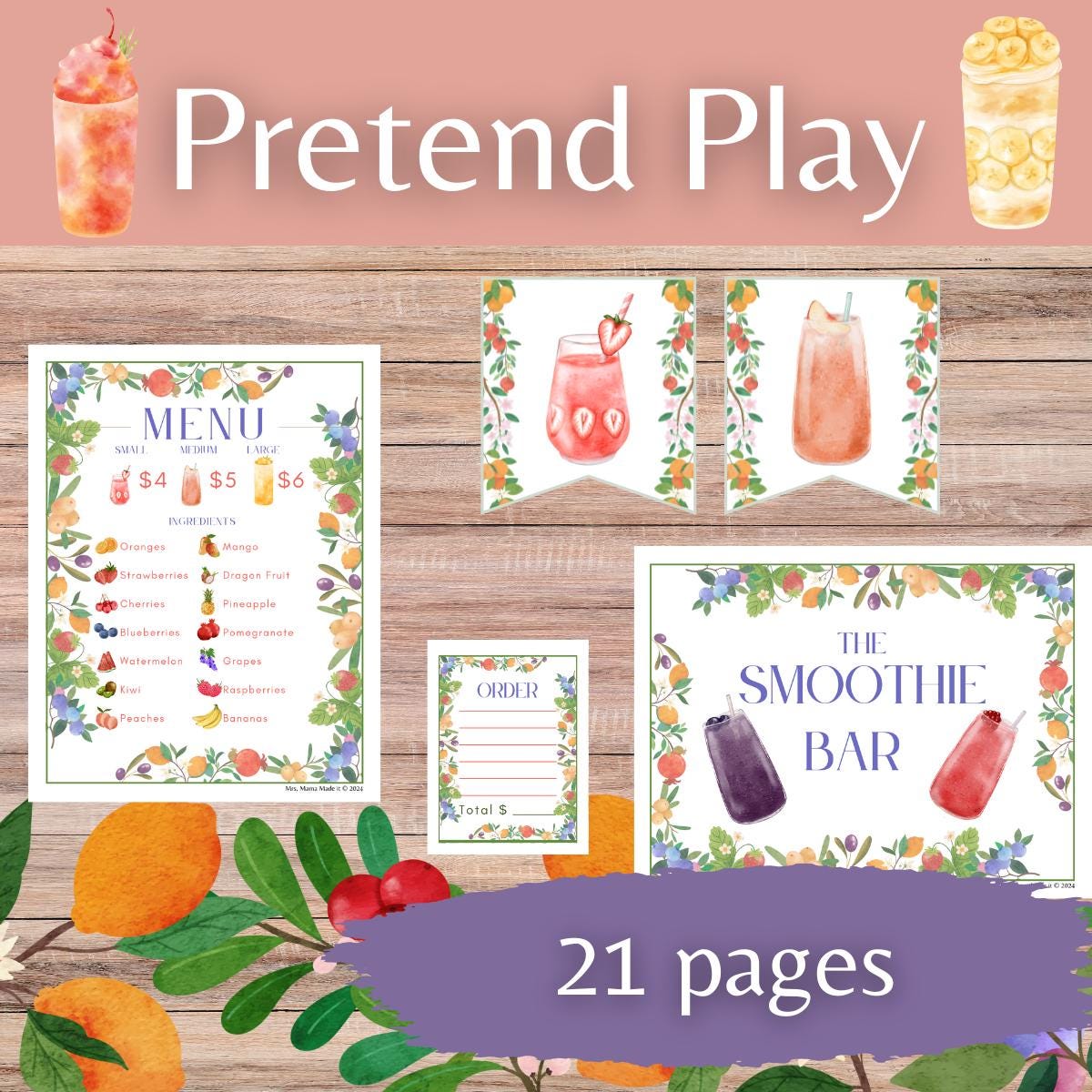 Smoothie Bar Pretend Play Printable Kit W/ Menus, Ingredients, Signs ...