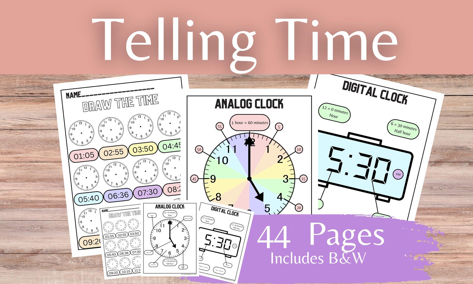 Telling Time Unit - Minutes & Hours Worksheets and Clock Craft 1st-3rd ...