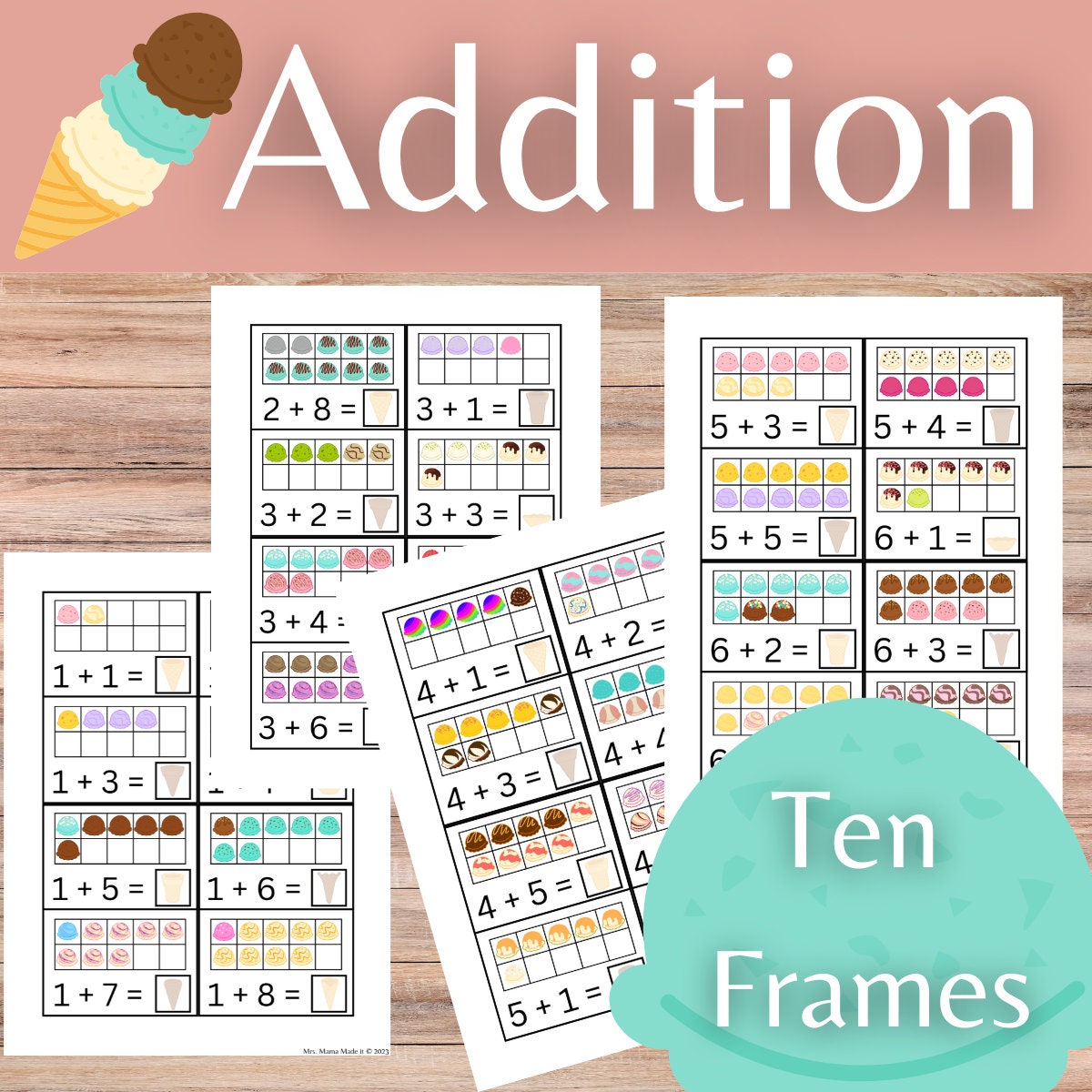 Ice Cream 10 Frame Addition Worksheets or Flashcards for Basic Math ...