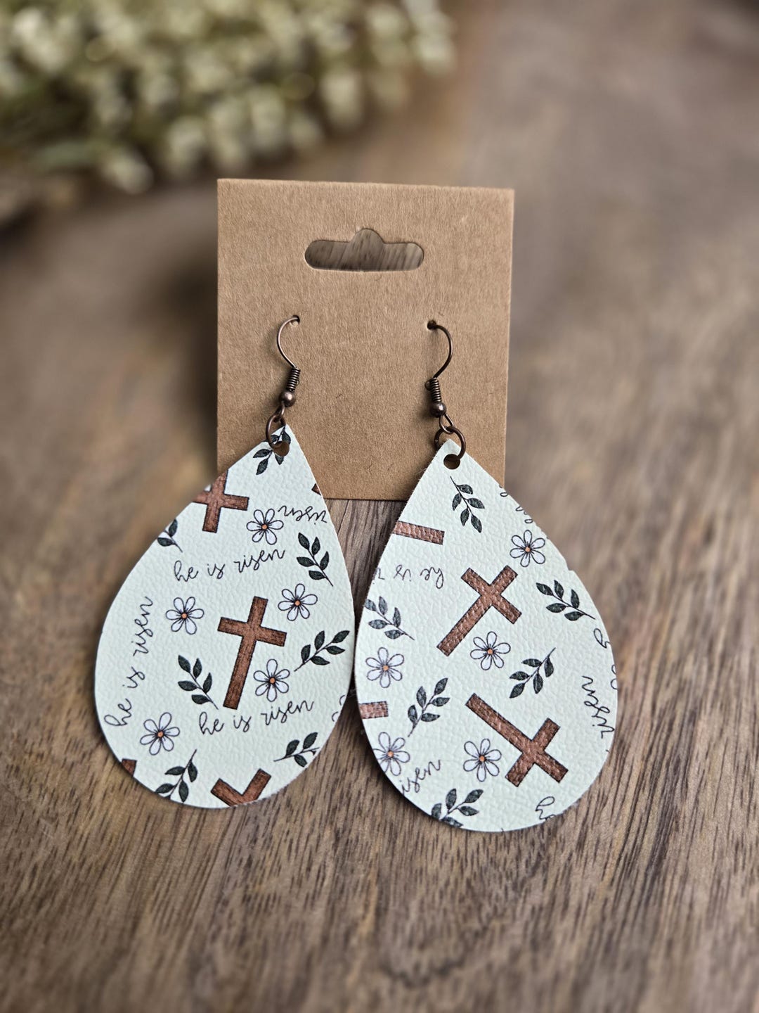 Easter Cross "he is Risen" Faux Leather Earrings | Handmade Teardrop or ...