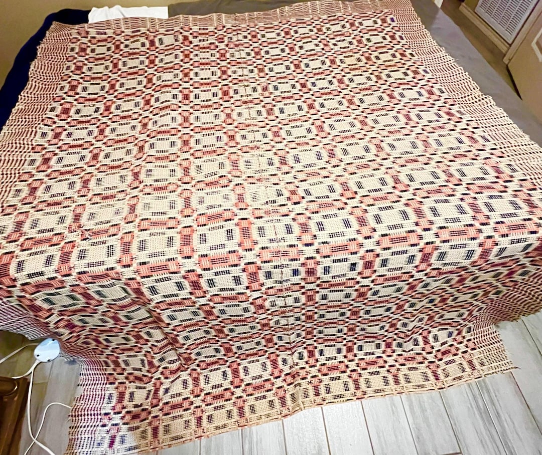 Antique Woven Coverlet Salmon and Navy Blue 70 X 90 - Etsy