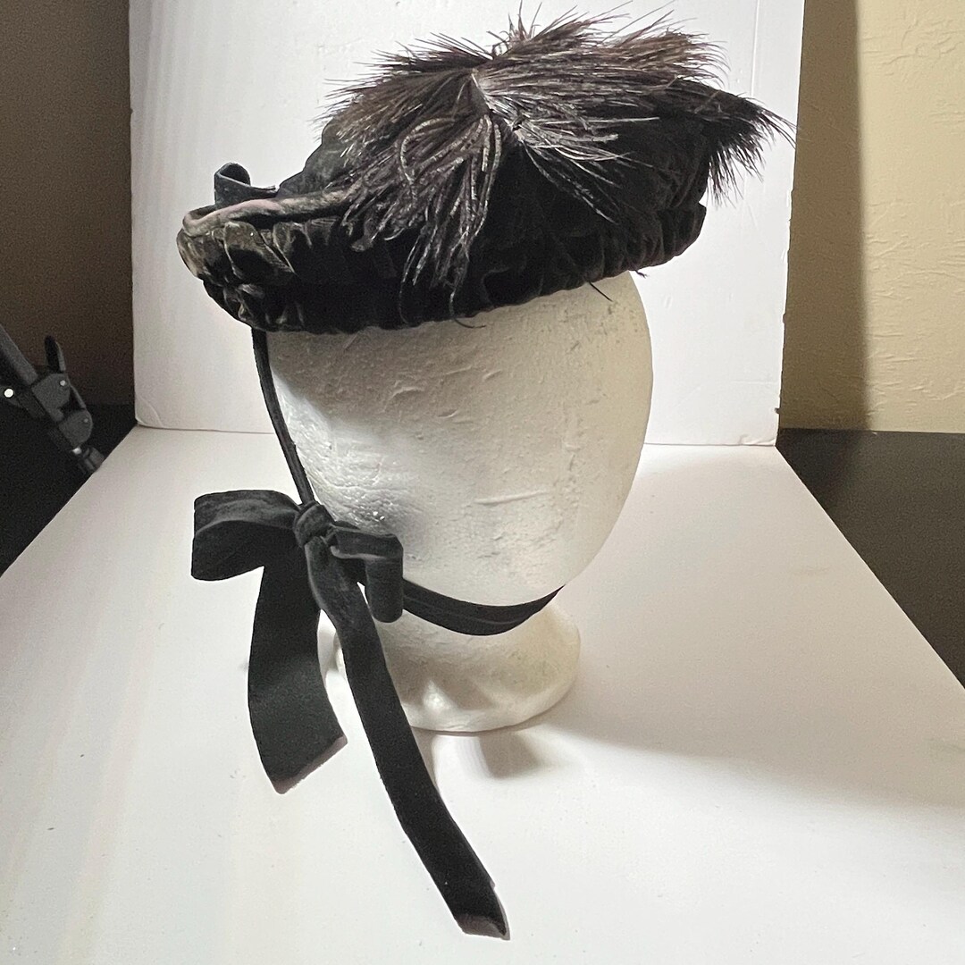 Antique Victorian Black Bonnet Hat Ostrich Feathers Velvet Womens 1880 ...