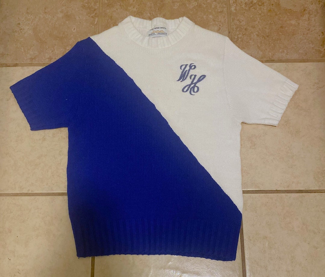 Vintage Cheerleader Sweater 1960s Short Sleeve BLUE WHITE High School ...