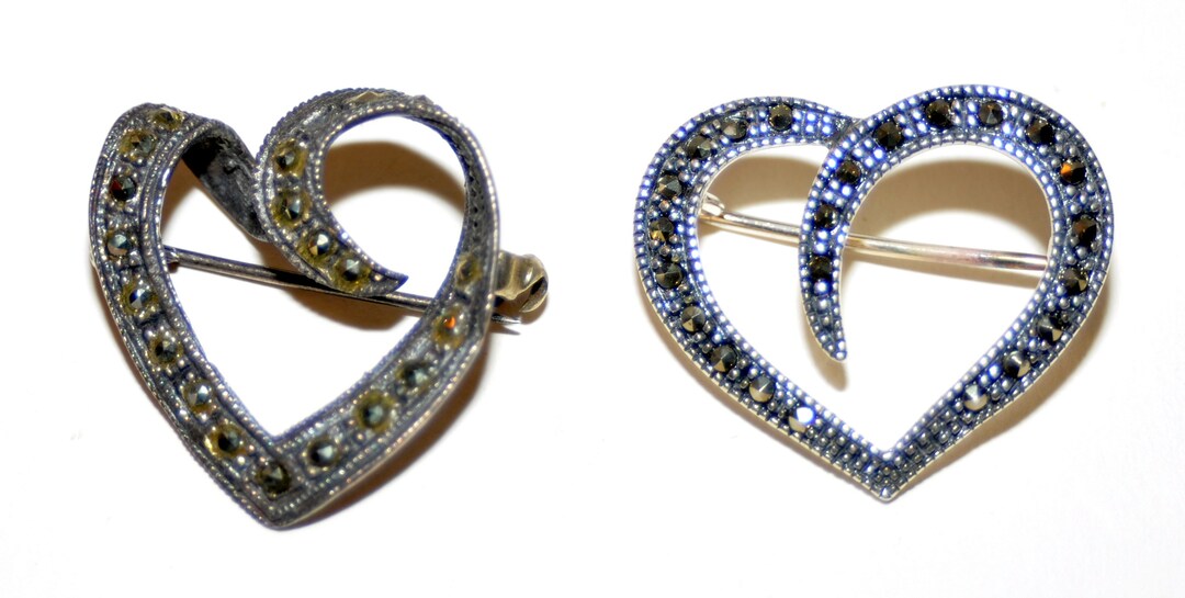 2 Marcasite Sterling Silver Heart Pins - Etsy