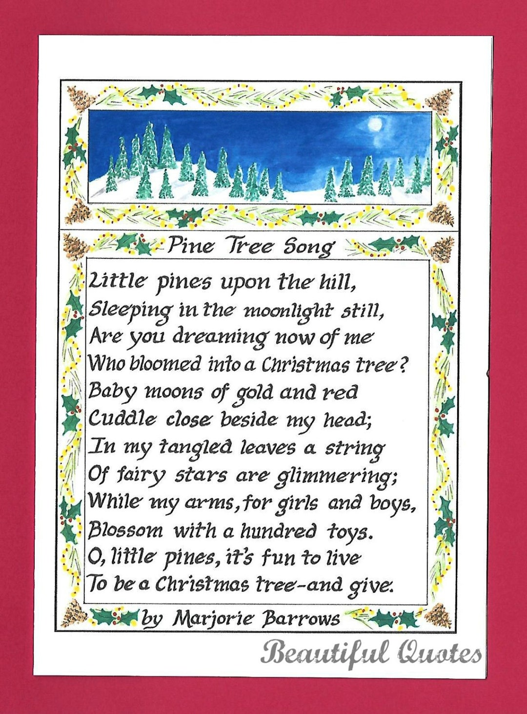 Christmas Card; Pine Tree Poem Card; Greeting Card; Winter Scene Card ...