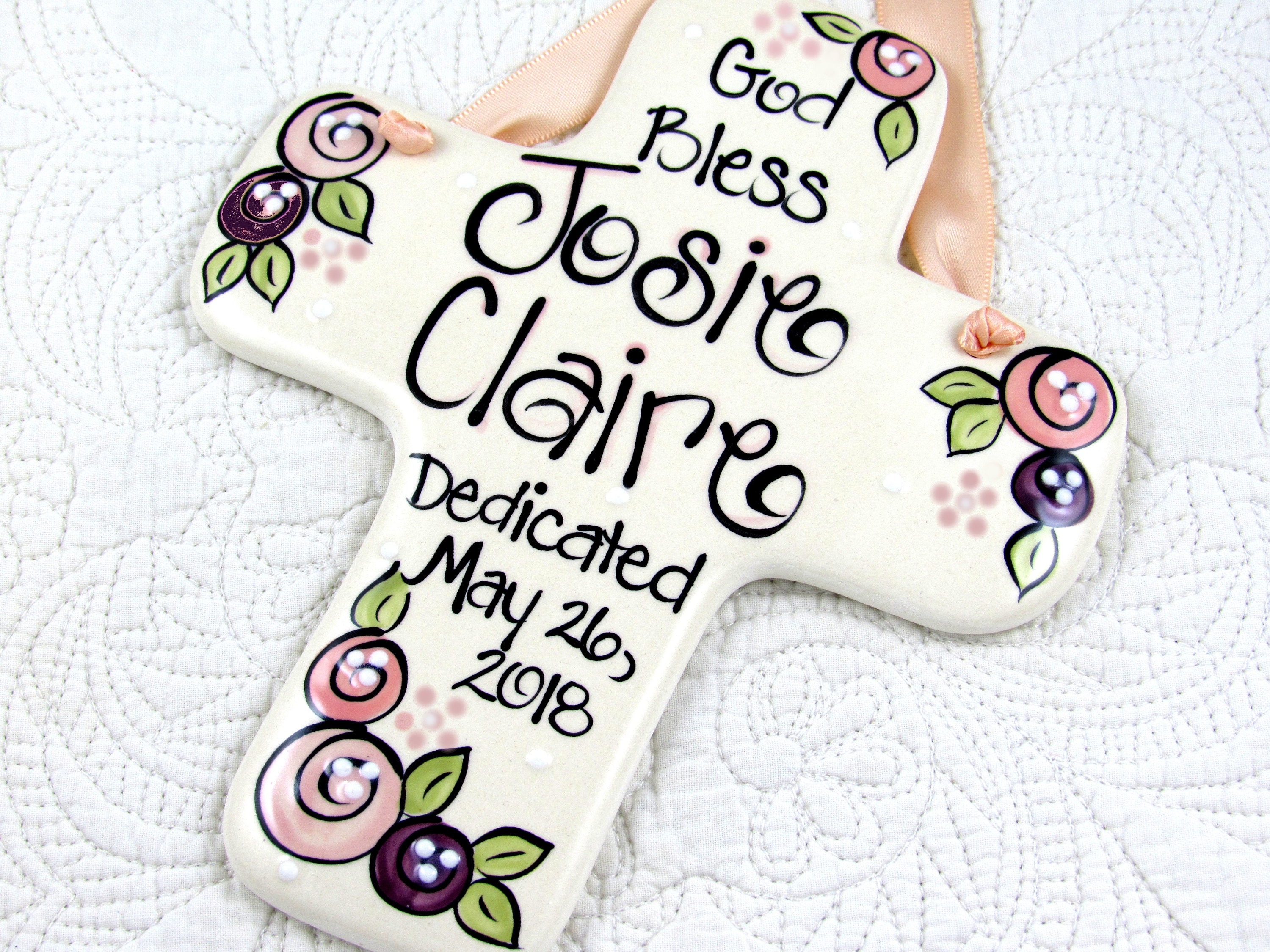 Personalized Dedication Cross in Pink Coral and Plum // Baby | Etsy