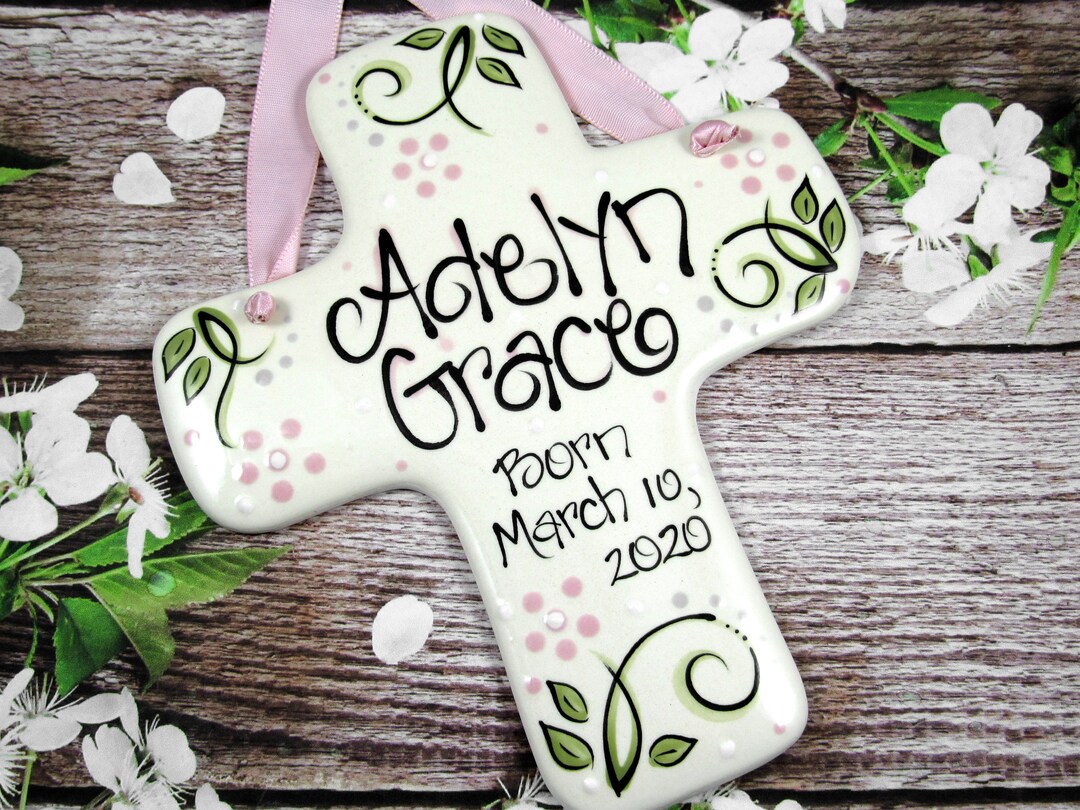 Personalized Baby Cross for Girls With Light Pink Flowers and Vines - Etsy