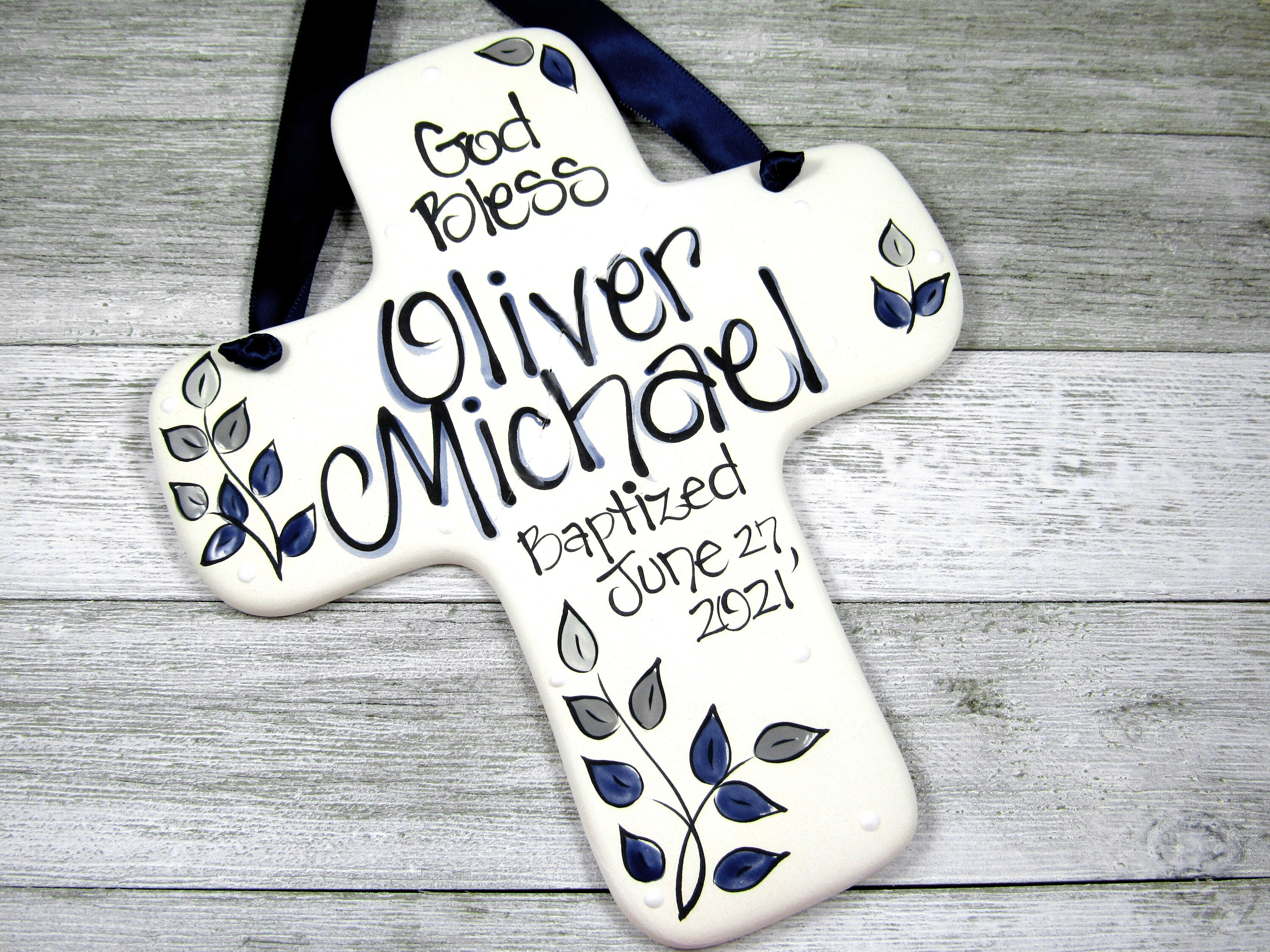 Personalized Baptism Cross for Boys in Navy and Gray | Etsy