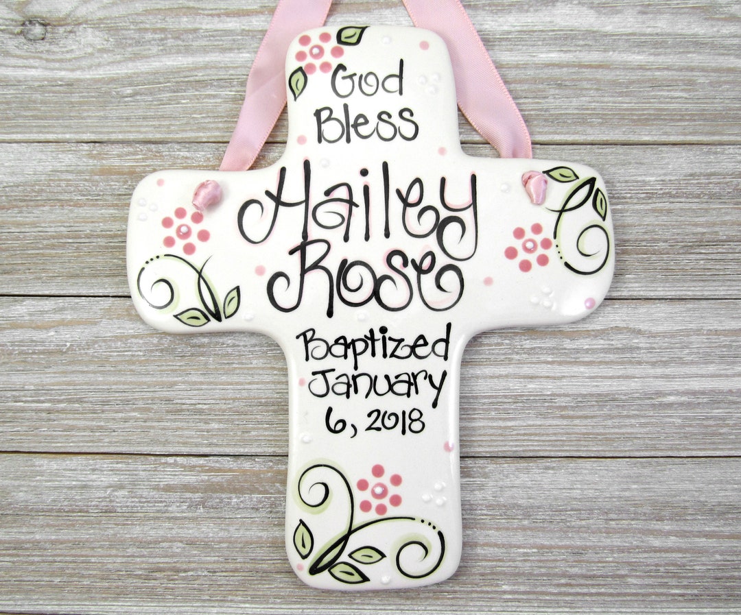 Baby Girl Baptism Cross in Pink and Green // Personalized Baptism Gifts ...