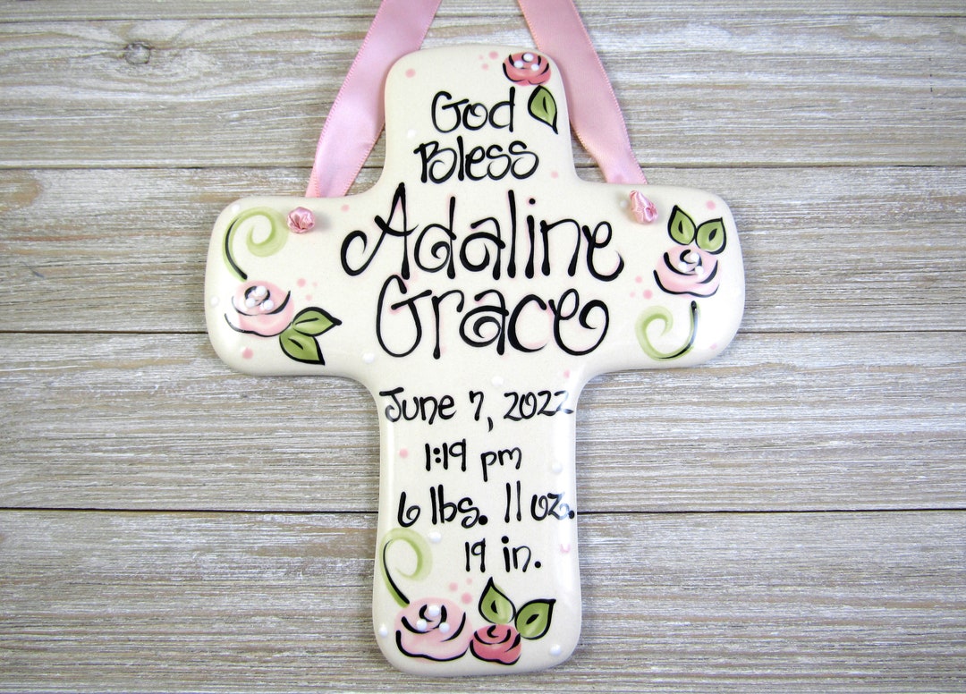 Personalized Baby Cross for Girls With Flowers in Pink - Etsy