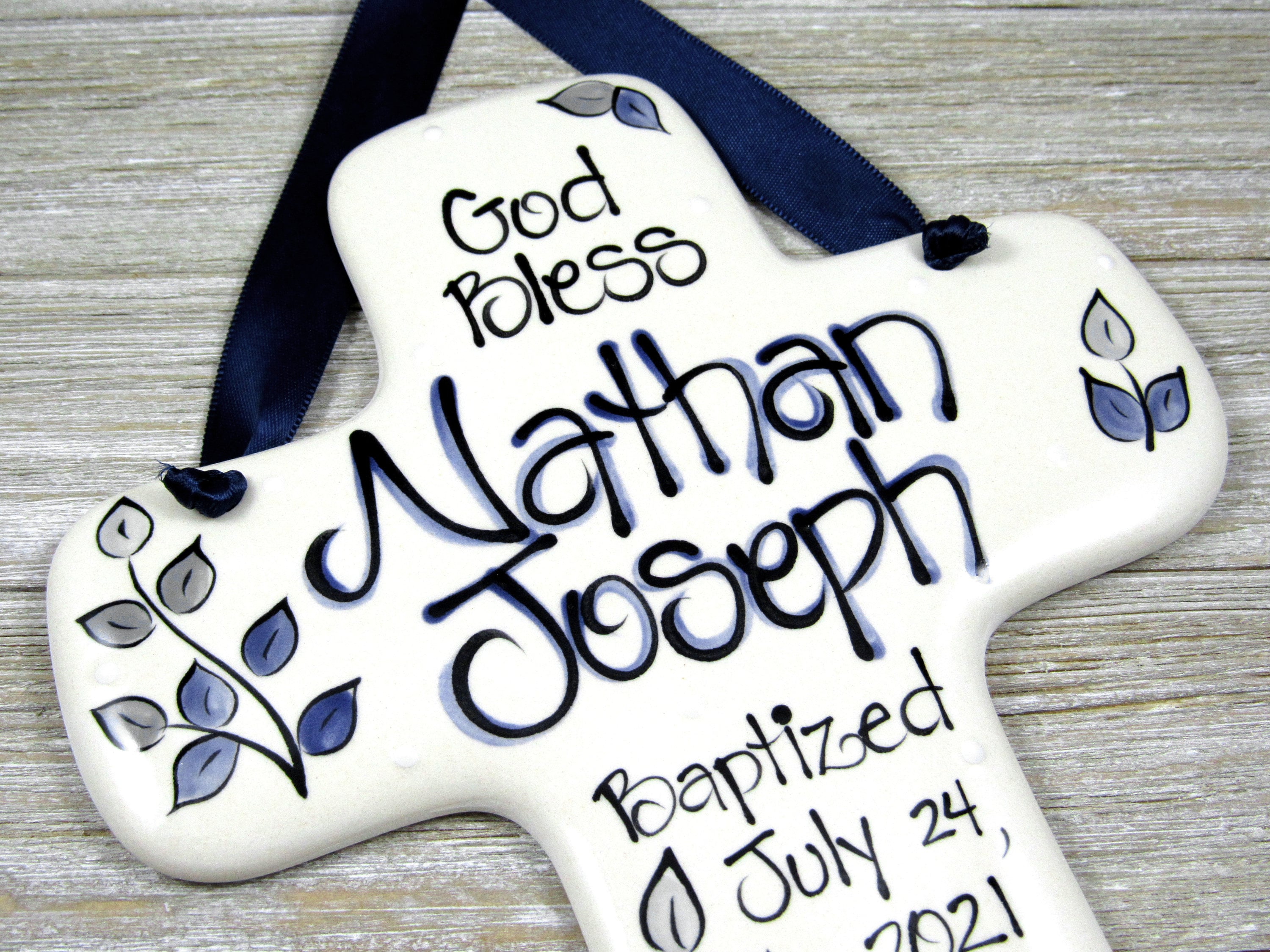 Personalized Baptism Cross for Boys in Navy and Gray | Etsy