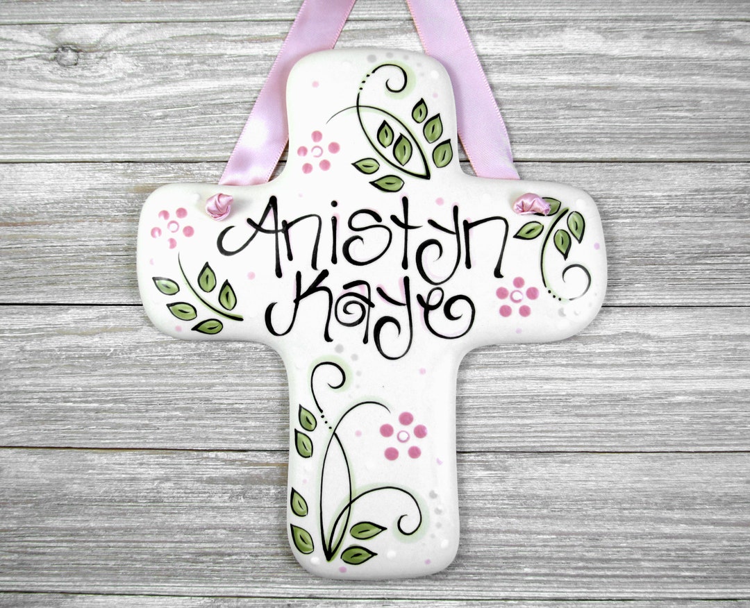 Personalized Baby Cross in Pink and Green Baptism Gifts for Baby Girl ...
