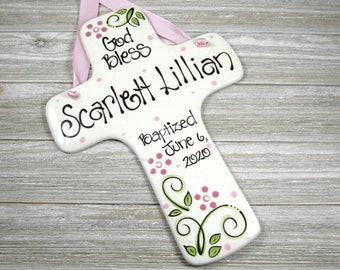 Baby Girl Baptism Cross in Pink and Green // Personalized | Etsy