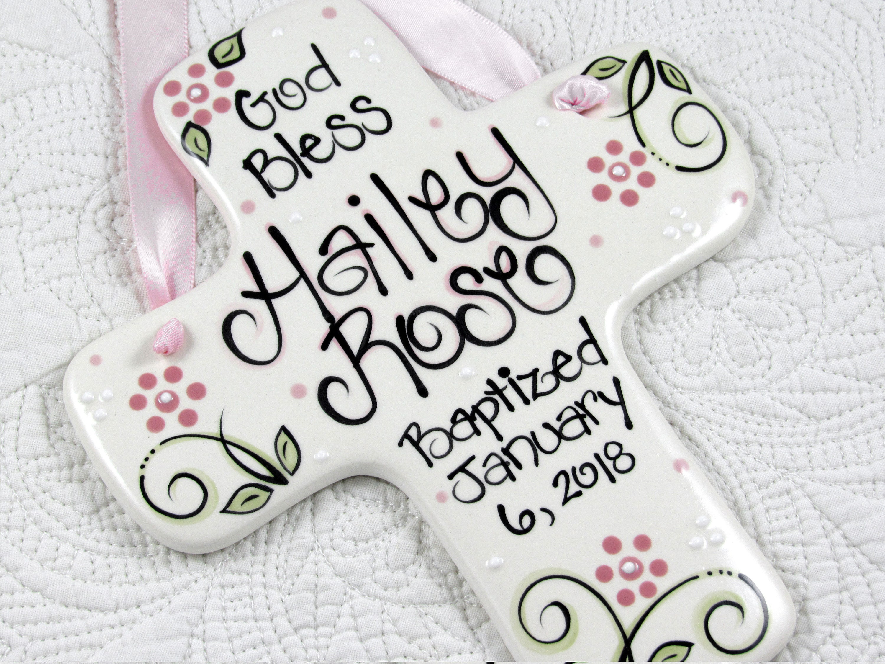 Baby Girl Baptism Cross in Pink and Green // Personalized - Etsy