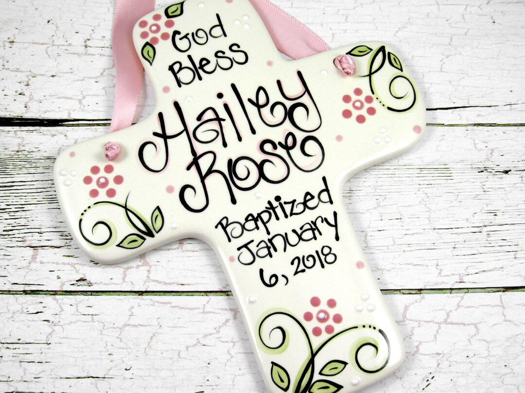 Baby Girl Baptism Cross in Pink and Green // Personalized - Etsy