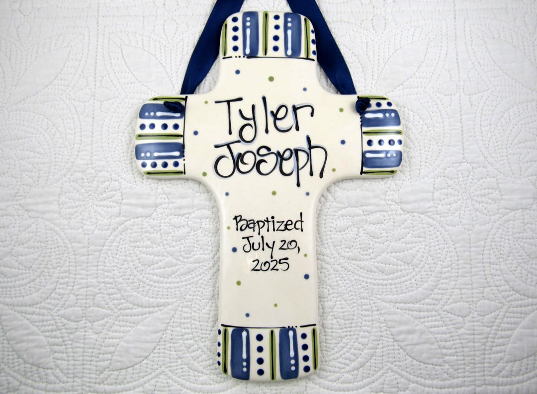 Large Personalized Baptism Cross in Dark Blue and Green Stripes for ...