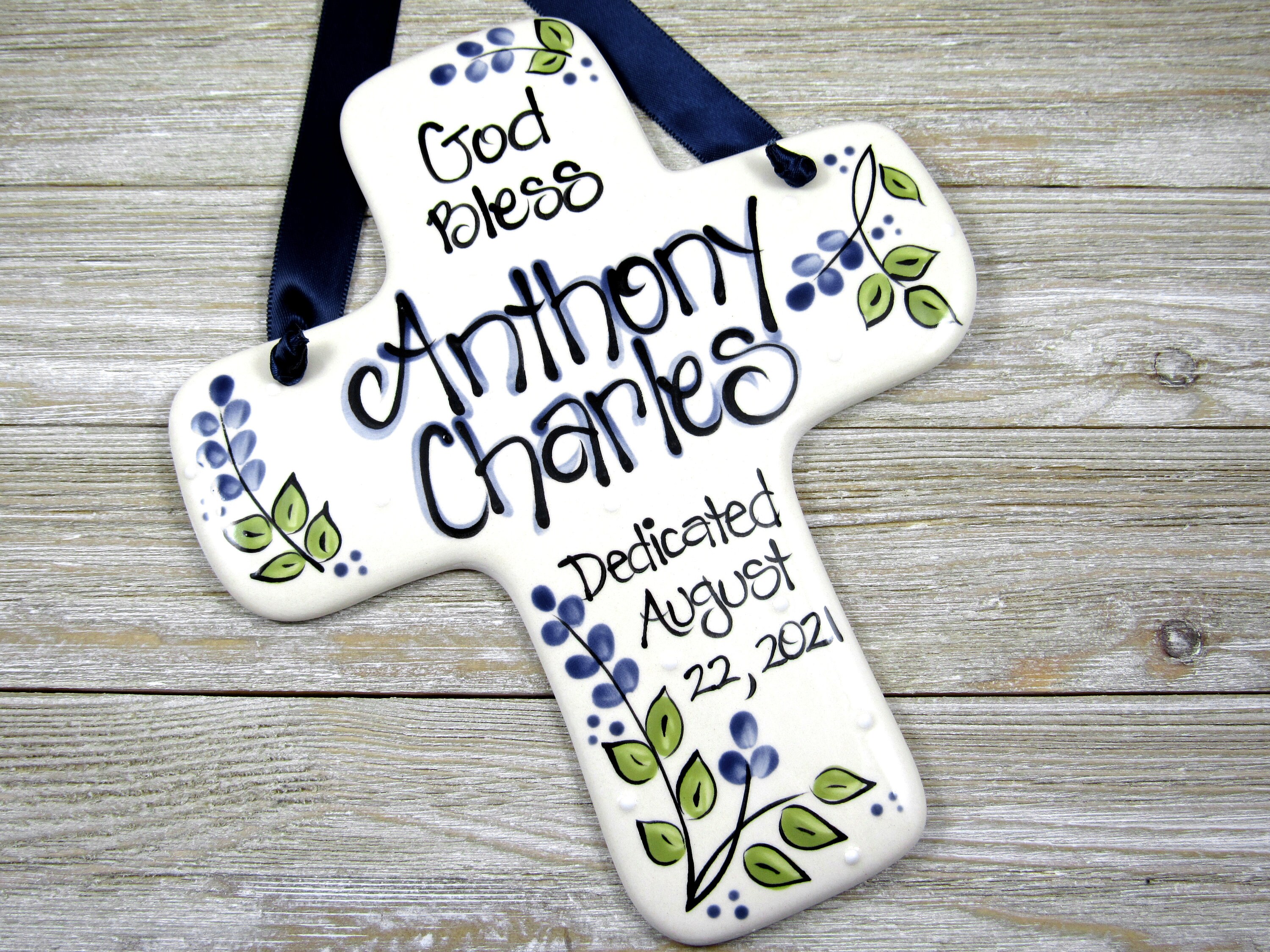 Personalized Dedication Cross for Boys in Blue and Green | Etsy