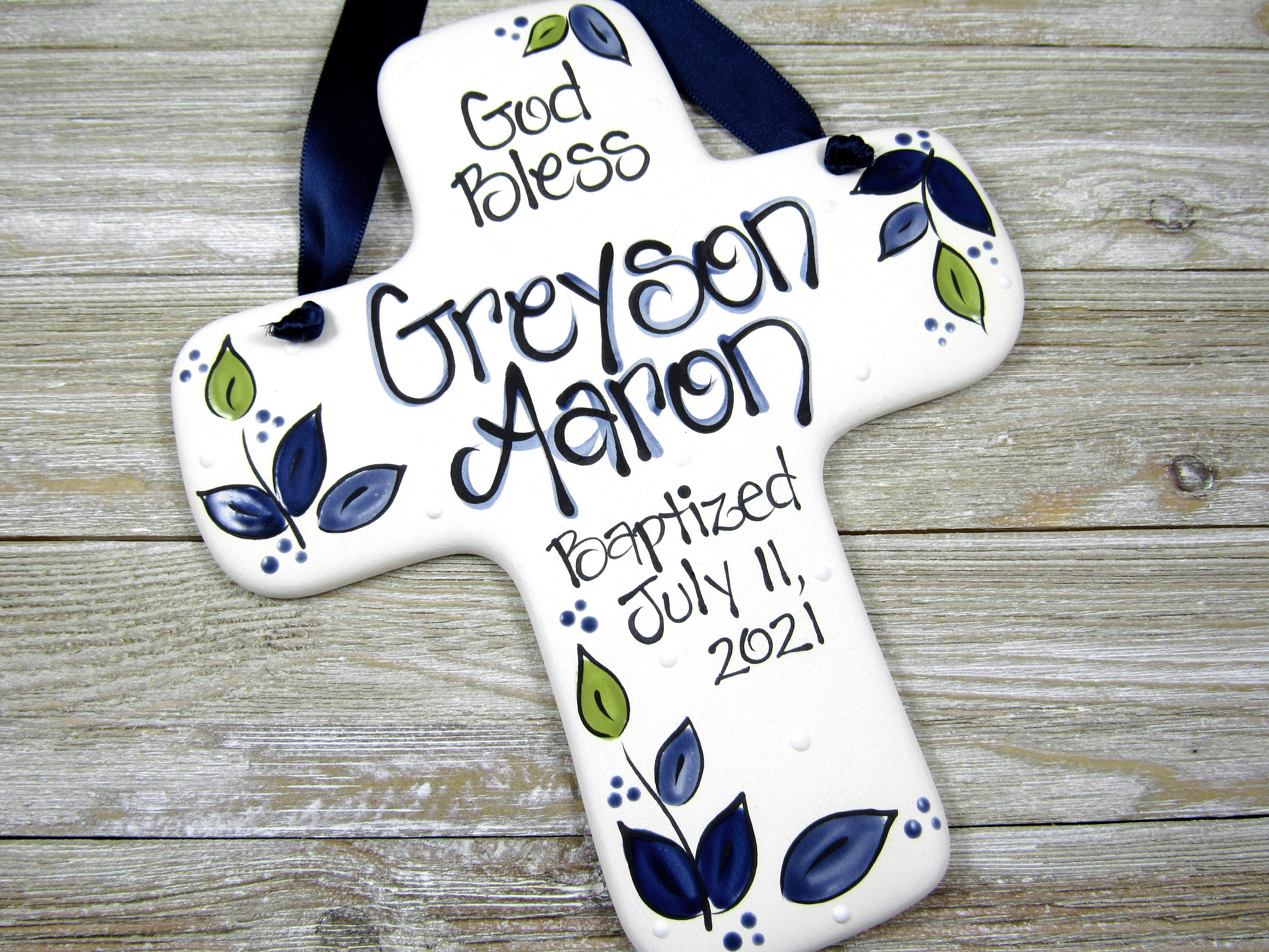 Personalized Baptism Cross for Boys in Navy Blue and Green - Etsy