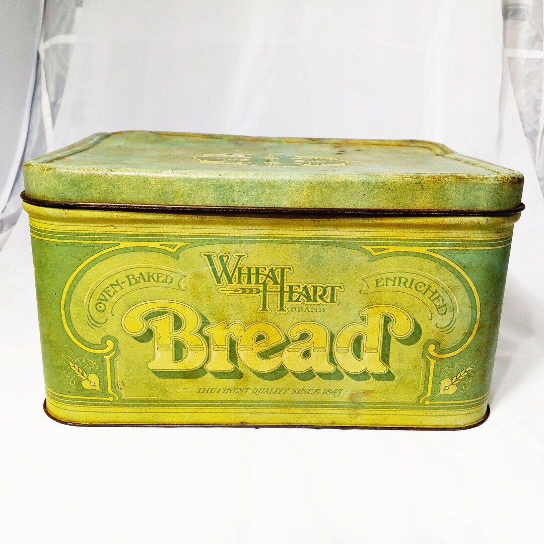 Vintage Wheat Heart Tin Bread Box - Green Metal Bread Box - Farmhouse ...
