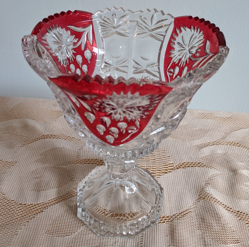 Ruby Red and Clear Glass Candy Dish, Compote Dish on Octagon Pedestal ...