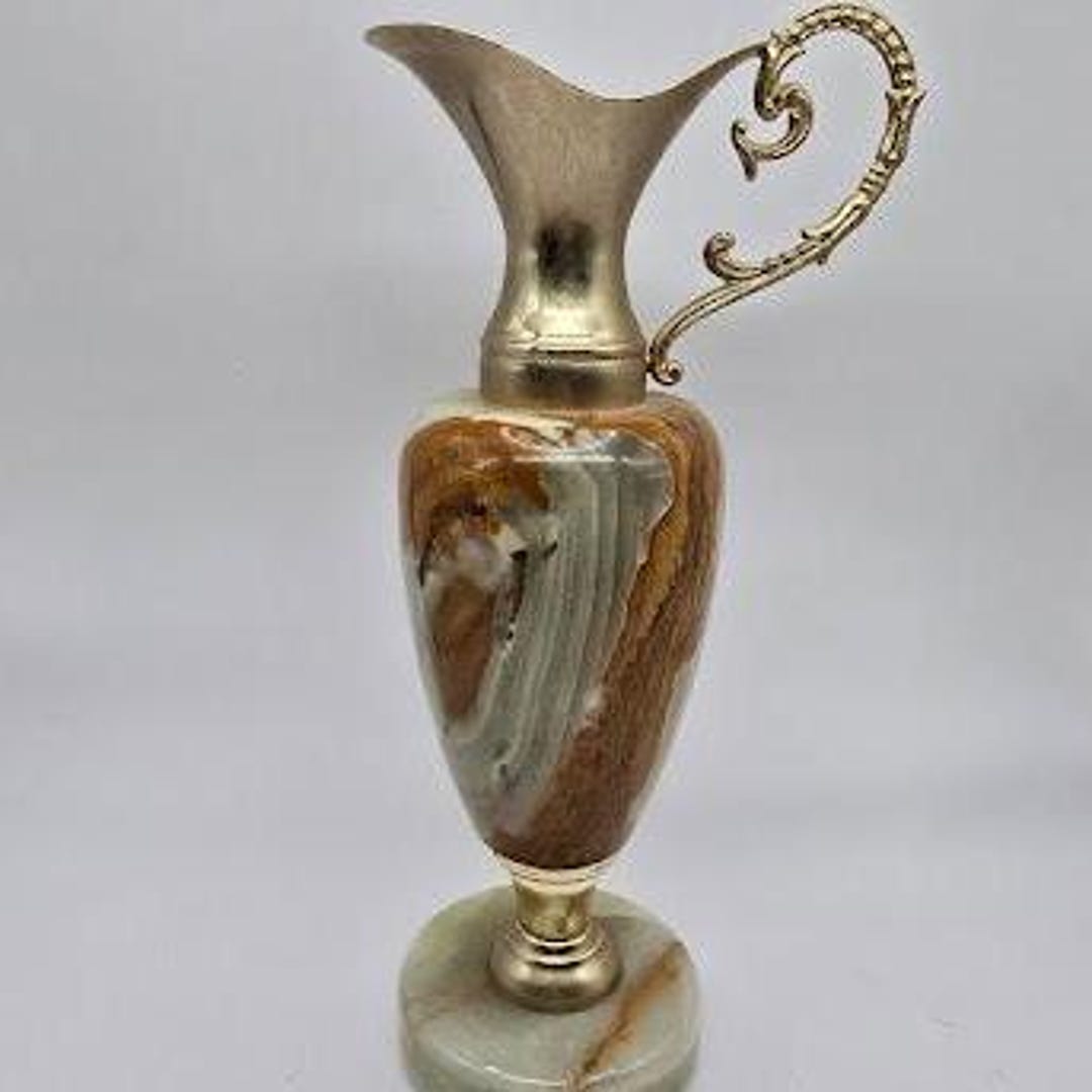 Vintage Onyx and Brass Vase - Carved Onyx With Marbled Veining - 9 ...