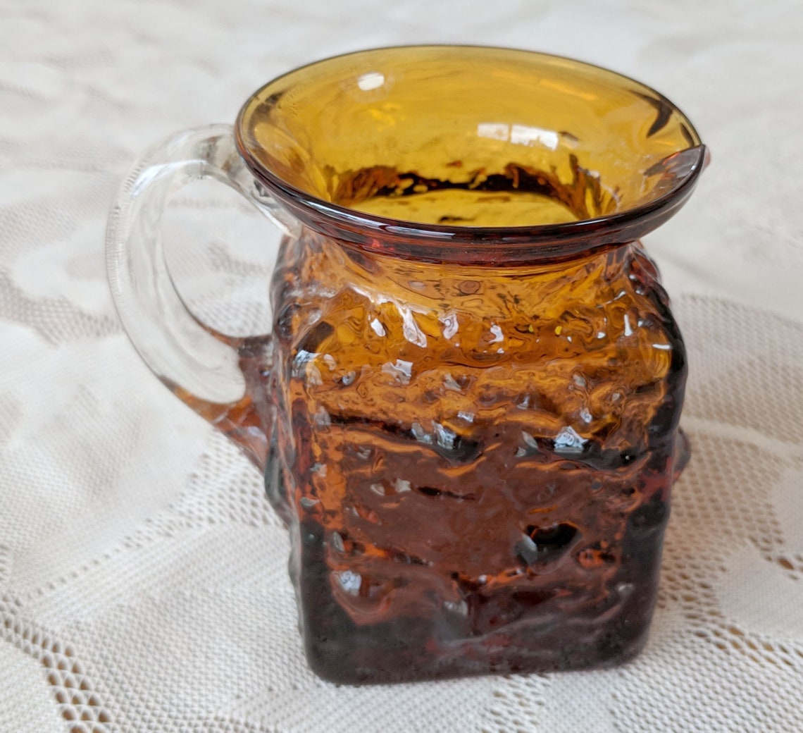 Pilgrim Amber Glass Square Pitcher - Mid Century Bumpy Surface Hand ...