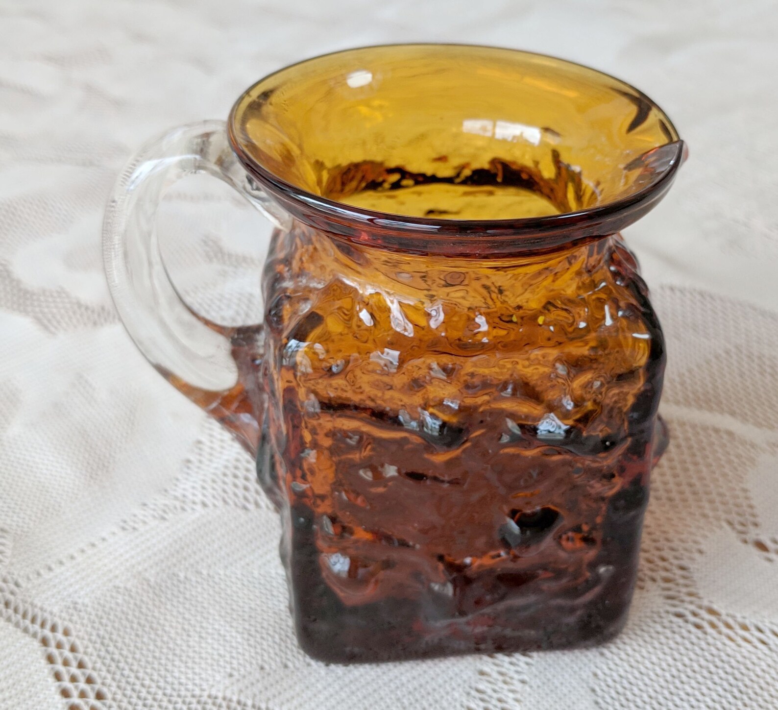 Pilgrim Amber Glass Square Pitcher - Mid Century Bumpy Surface Hand ...