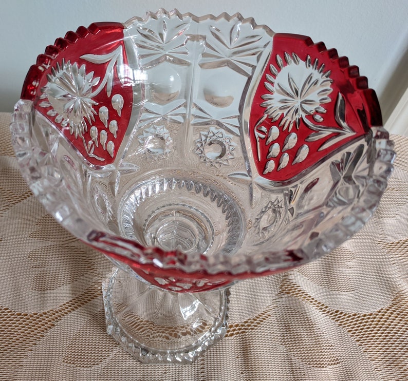 Ruby Red and Clear Glass Candy Dish, Compote Dish on Octagon Pedestal ...