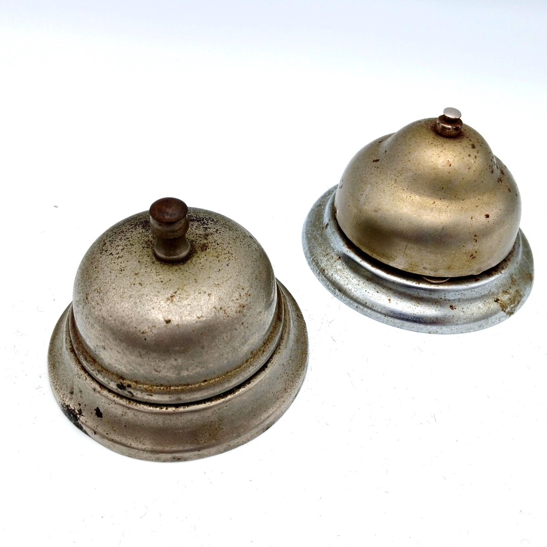Vintage Hotel or Teacher Desk Bells: Small Silver Tone Metal Table ...