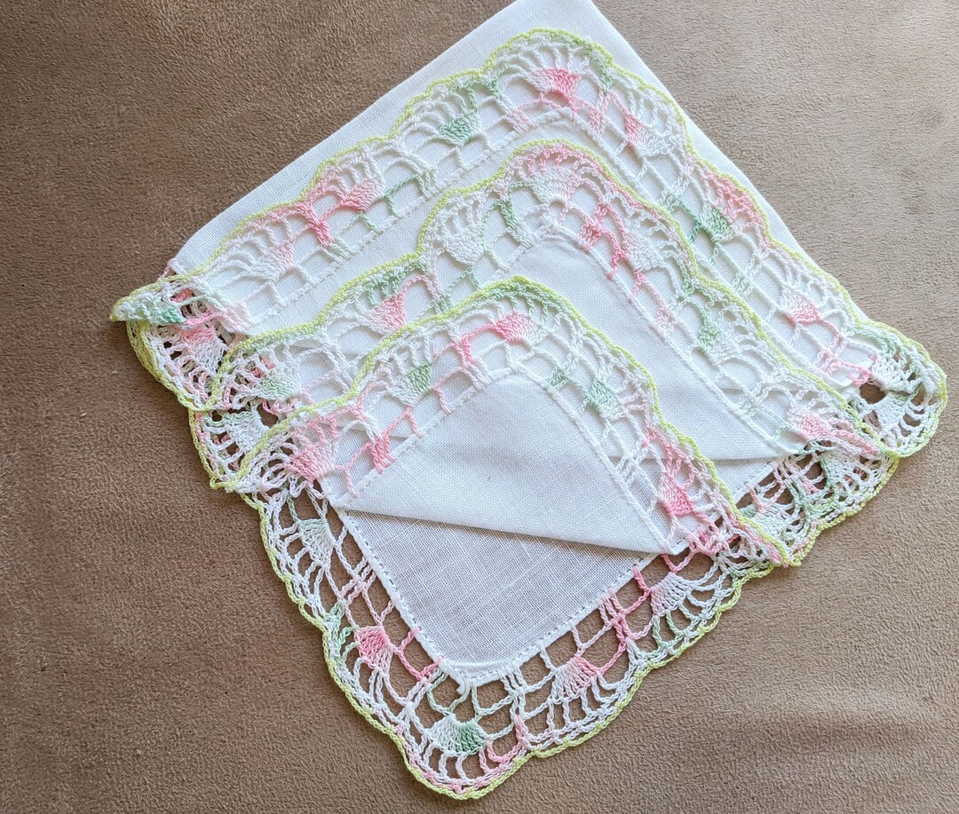 Vintage White Linen Handkerchief - Hand Crocheted Edged, Pink and Green ...