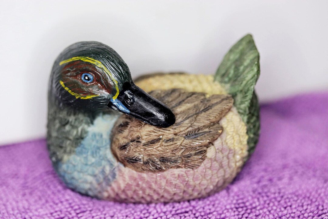 Vintage Ceramic Duck Figurine, Hand Painted Preening Duck, Blue Eyes ...