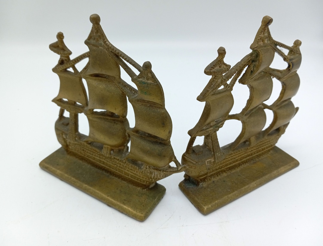 Brass Sailing Ship Heavy Bookends - Three Masted Sailing Ship Bookends ...