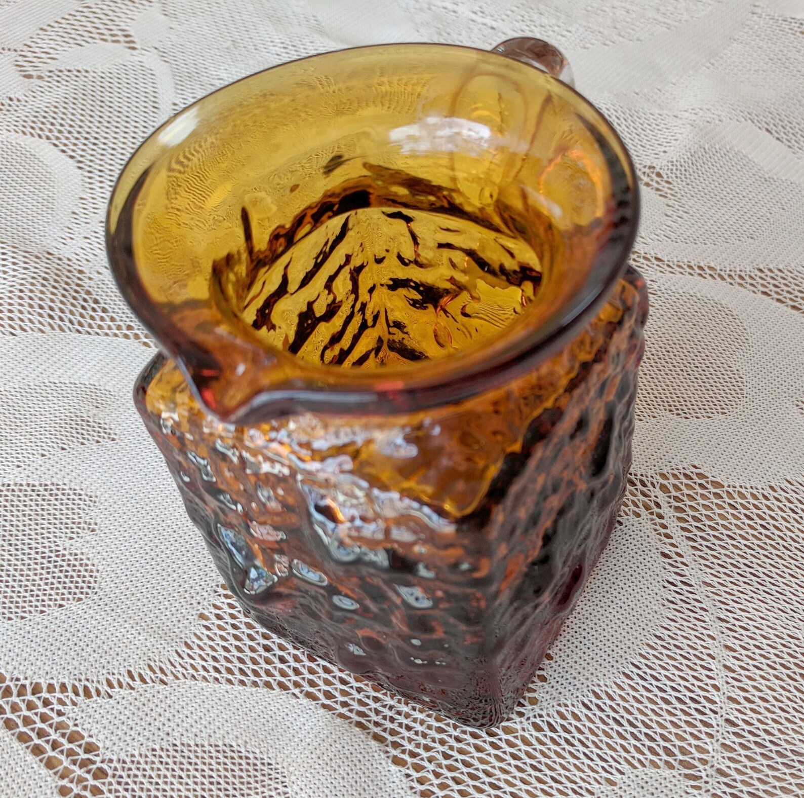 Pilgrim Amber Glass Square Pitcher - Mid Century Bumpy Surface Hand ...