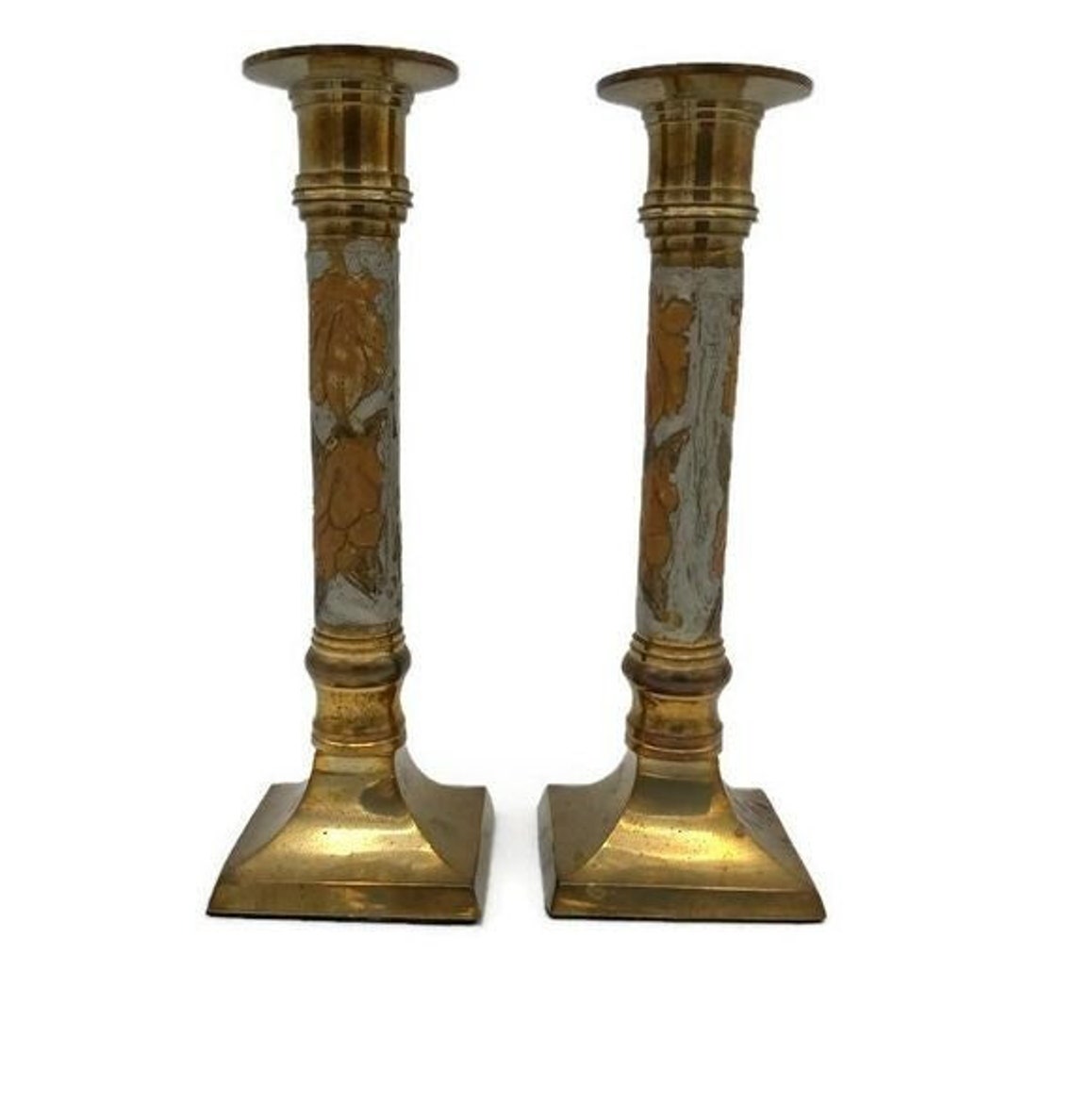 Brass Candlesticks With Copper and Silver Overlay - Decorative ...