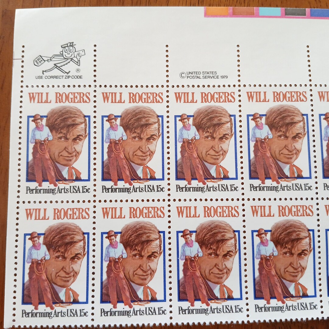 20 Stamp Plate Block Strip Will Rogers Stamps, Performing Arts Series ...