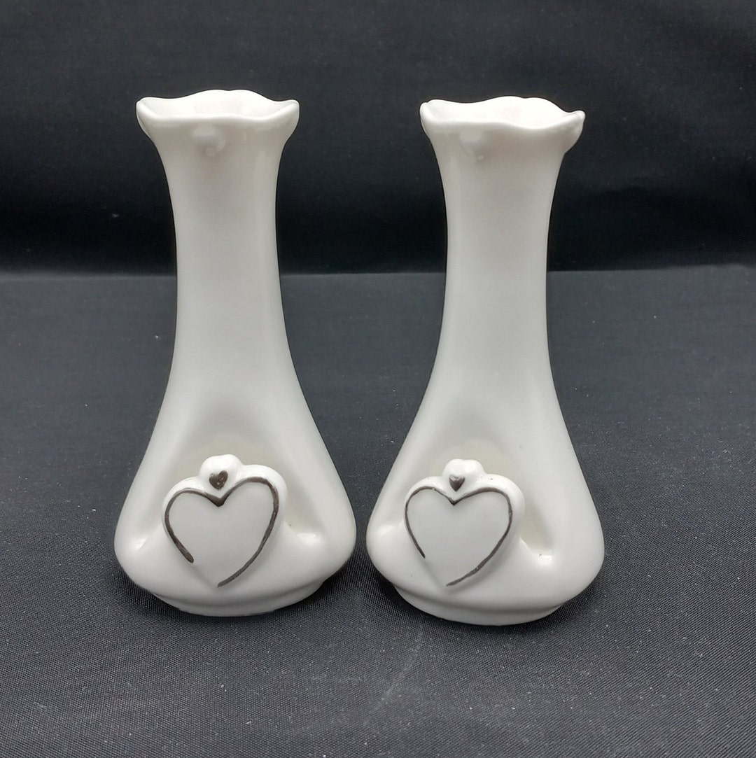 Two Wedding Place Card Holder Vases - 4" Tall China Vases With Hearts ...