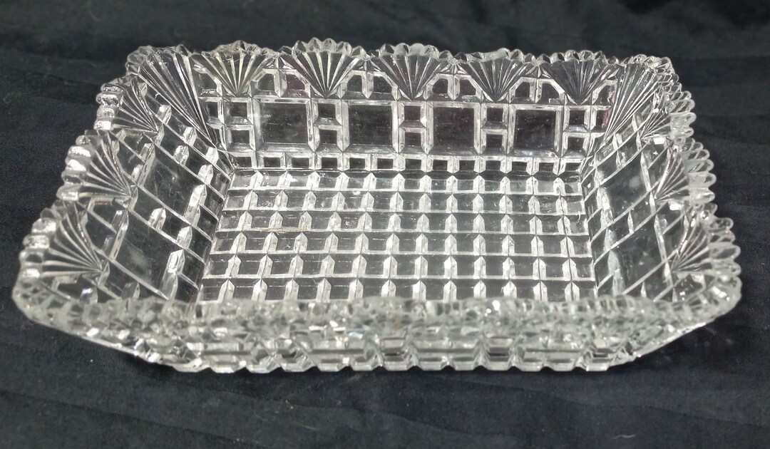 Vintage Rectangular Crystal Open Relish Dish, Block and Fan Pattern ...
