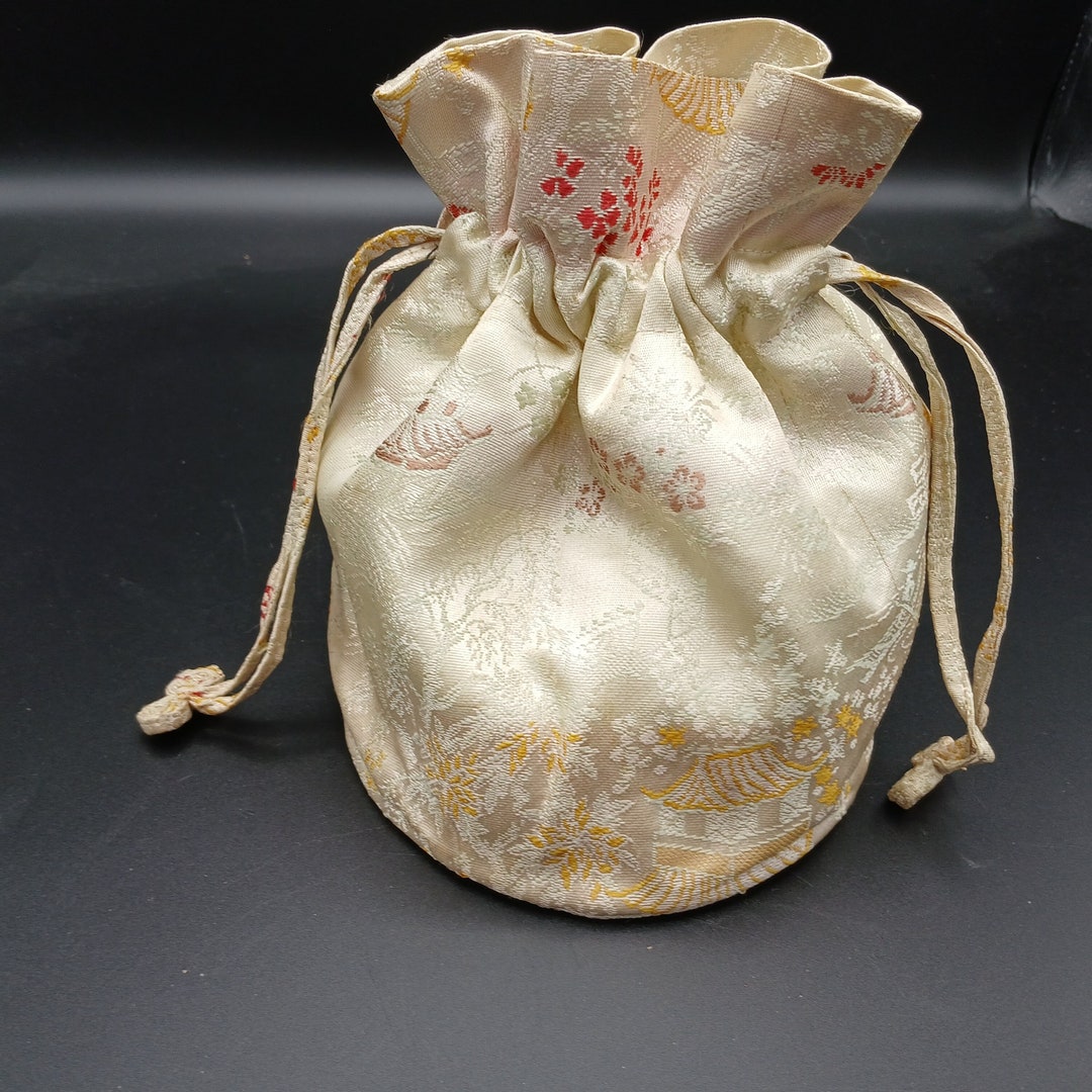 Vintage Ethnic Embroidered Silk Drawstring Evening Purse - Ivory Silk ...