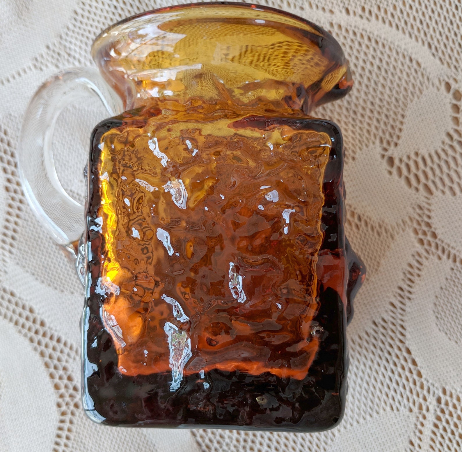 Pilgrim Amber Glass Square Pitcher - Mid Century Bumpy Surface Hand ...