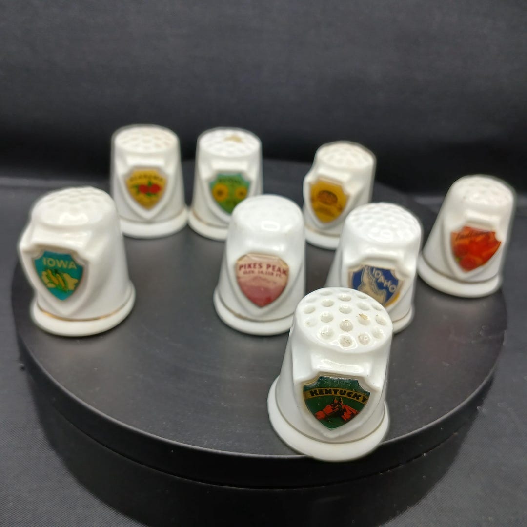 White Ceramic Vintage Thimble Collection, State Seals Sewing Thimbles ...