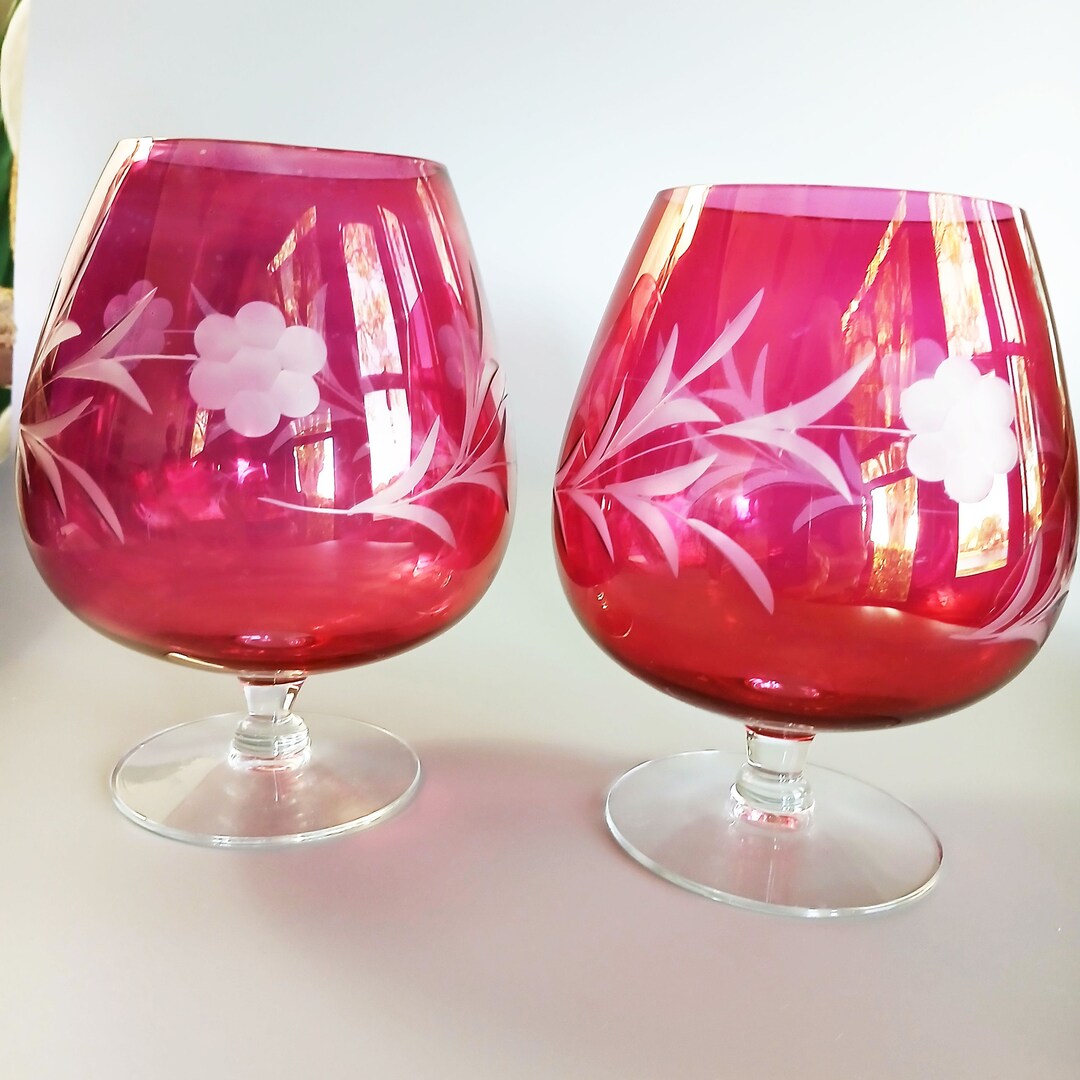 Pair of 6 Inch Cranberry Etched Floral Brandy Snifters, Mid Century Art ...