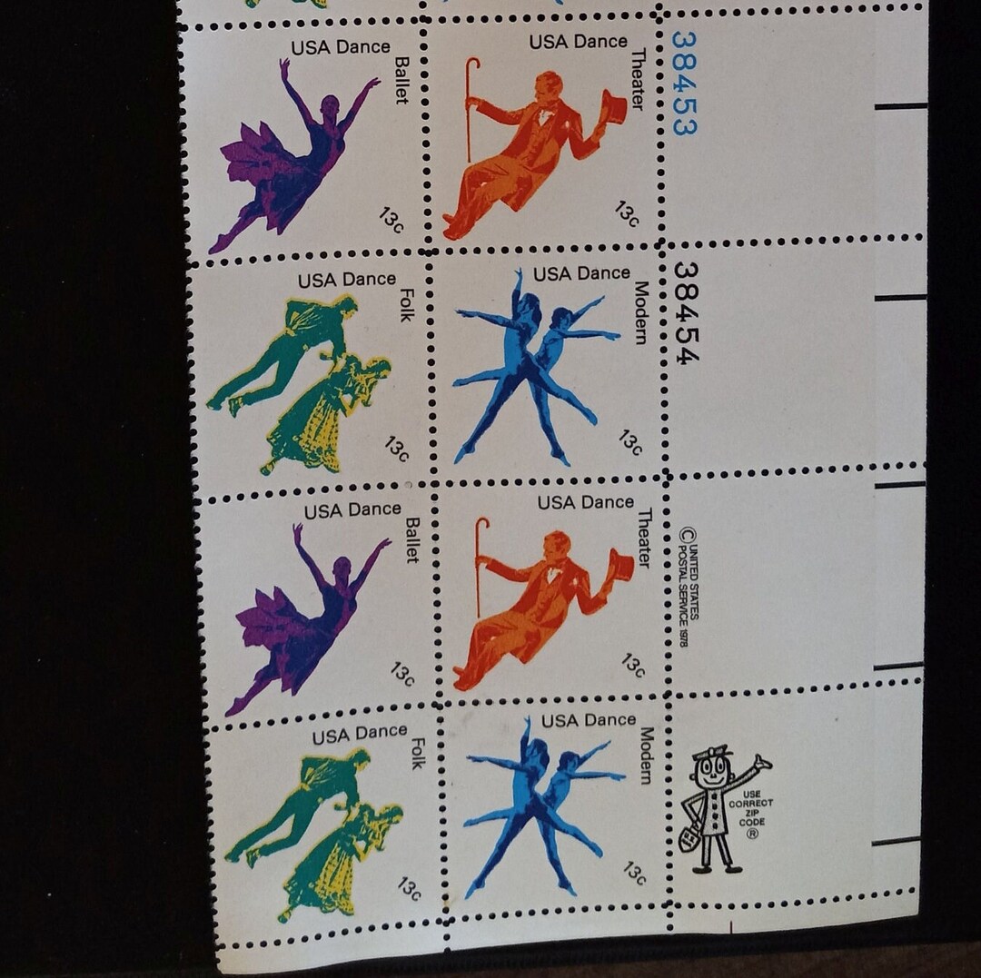 American Dance US Postage Stamps, 1978 13 Cent Stamps, Vintage Plate ...