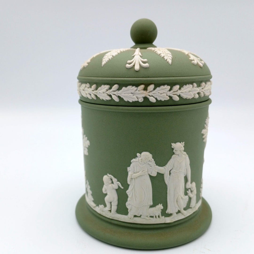 Wedgwood Green Jasperware Lidded Jar, Wedgwood White on Sage Green ...