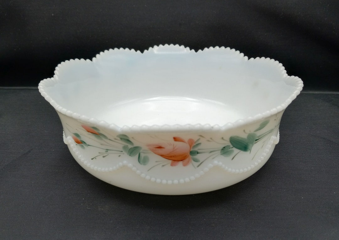 7" Round Vegetable Bowl, White Milk Glass Bowl With Rosebuds, Delicate ...