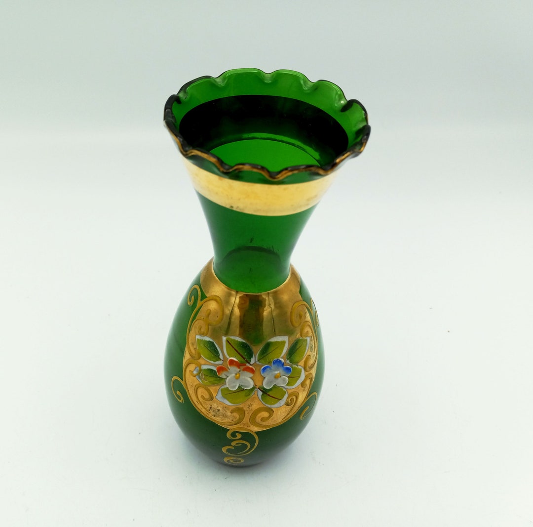 Bohemian Emerald Green Glass Decorated Vase - Emerald Green MCM ...