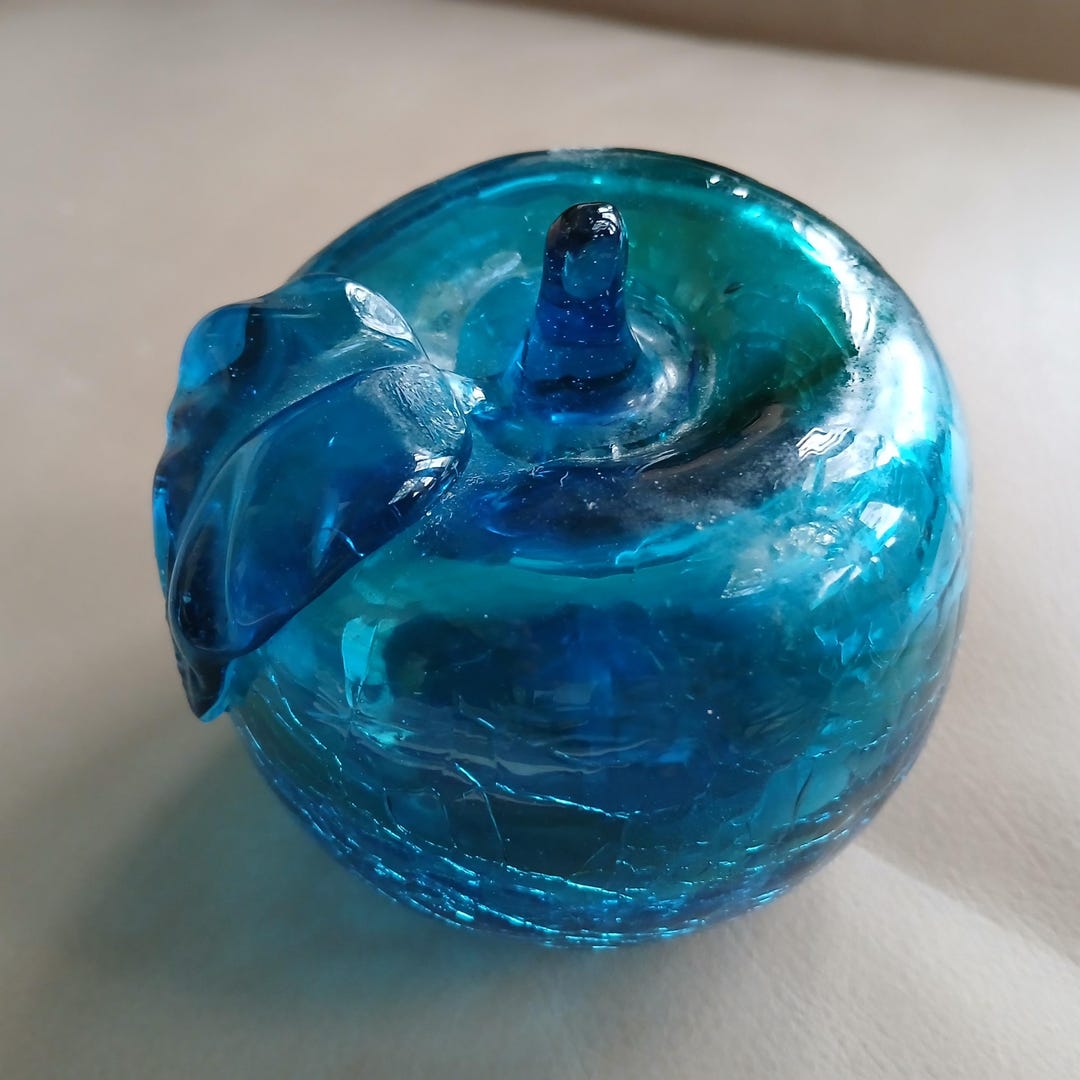 Hand Blown Blue Crackle Glass Apple Paperweight - Hollow Blue Crackle ...